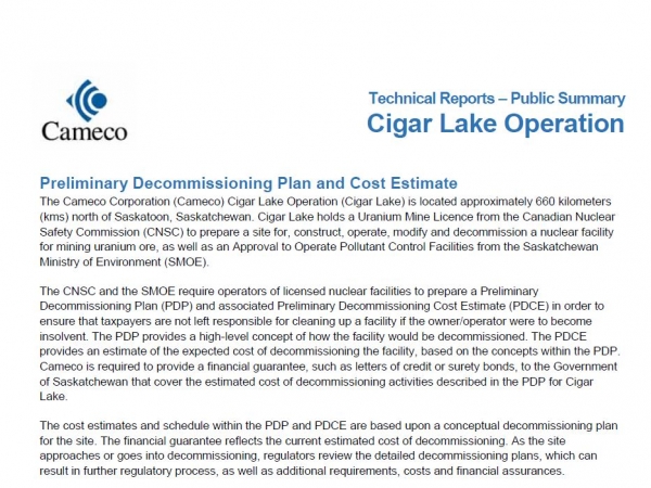 Preliminary Decommissioning Plan - Summary - Cigar Lake Operation | Cameco